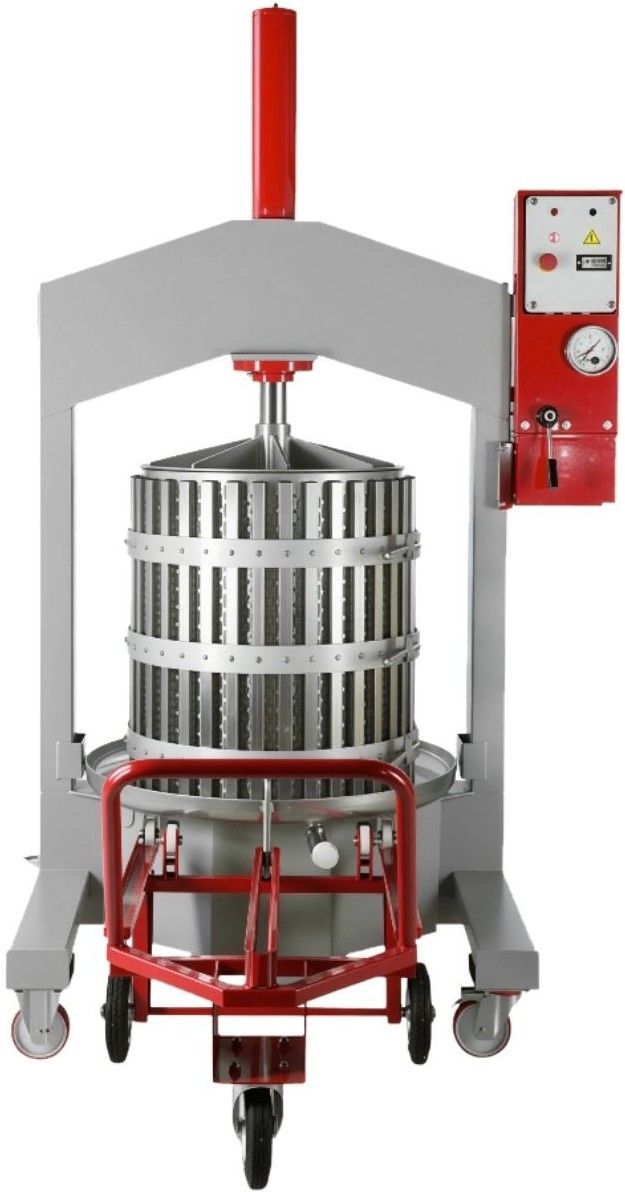 E.hydraulic press+trolley 480lt Ø80 stainl. basket - inderst