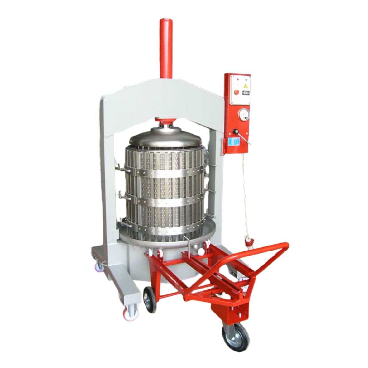 E.hydraulic press+trolley 480lt Ø80 stainl. basket - inderst